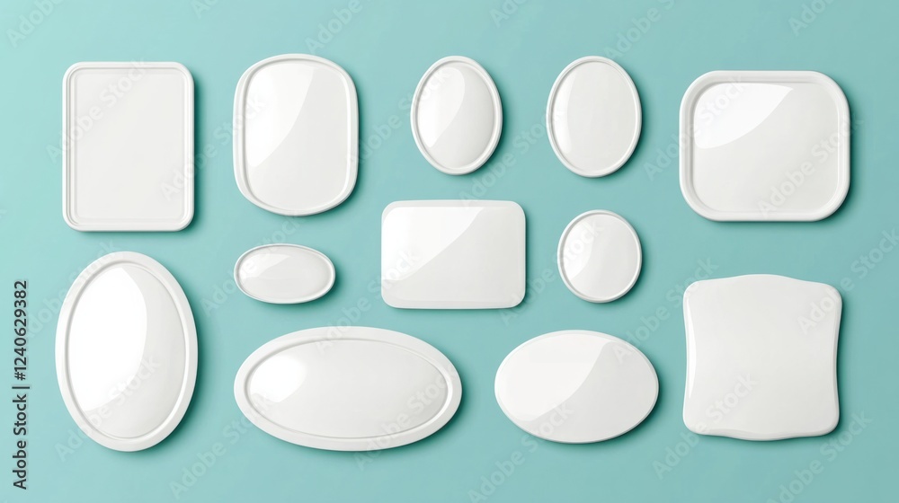 Set of white rectangular and oval badges, blank templates for branding ...