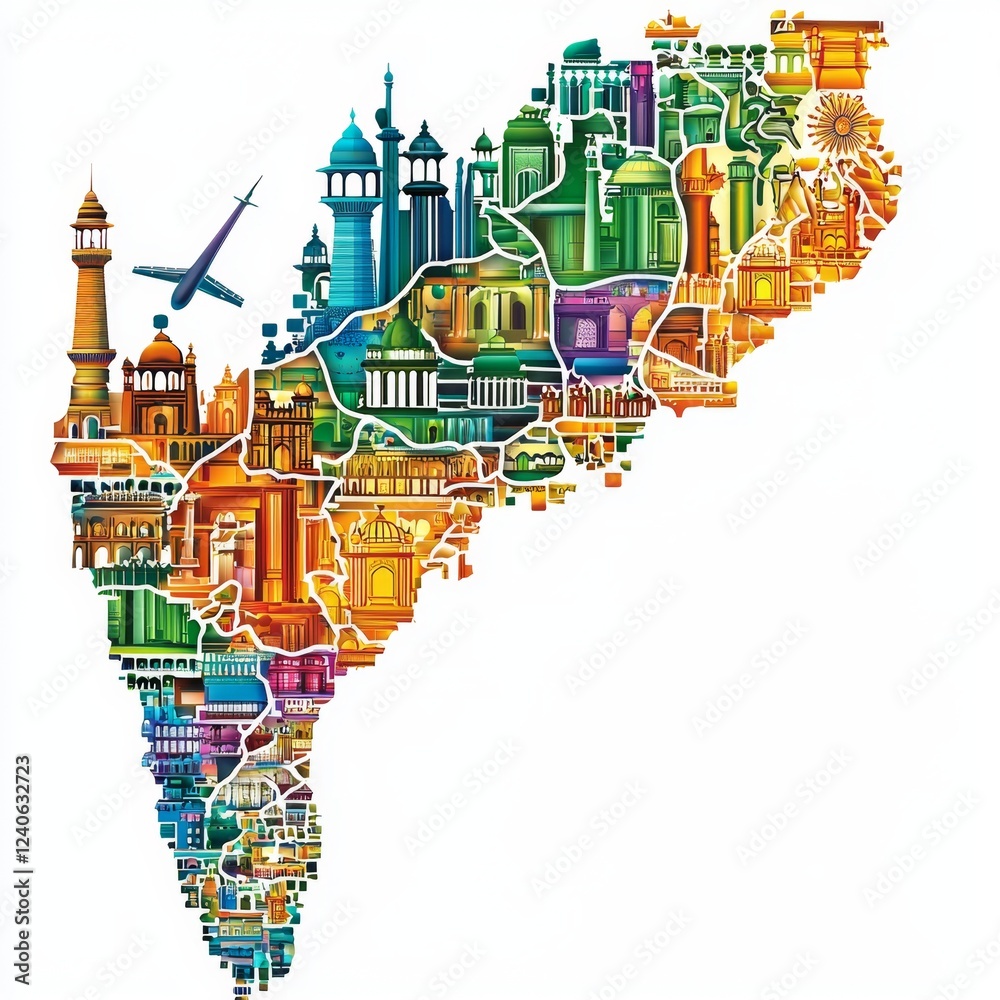 Vibrant Artistic Map of India Featuring Iconic Landmarks and Cultural ...