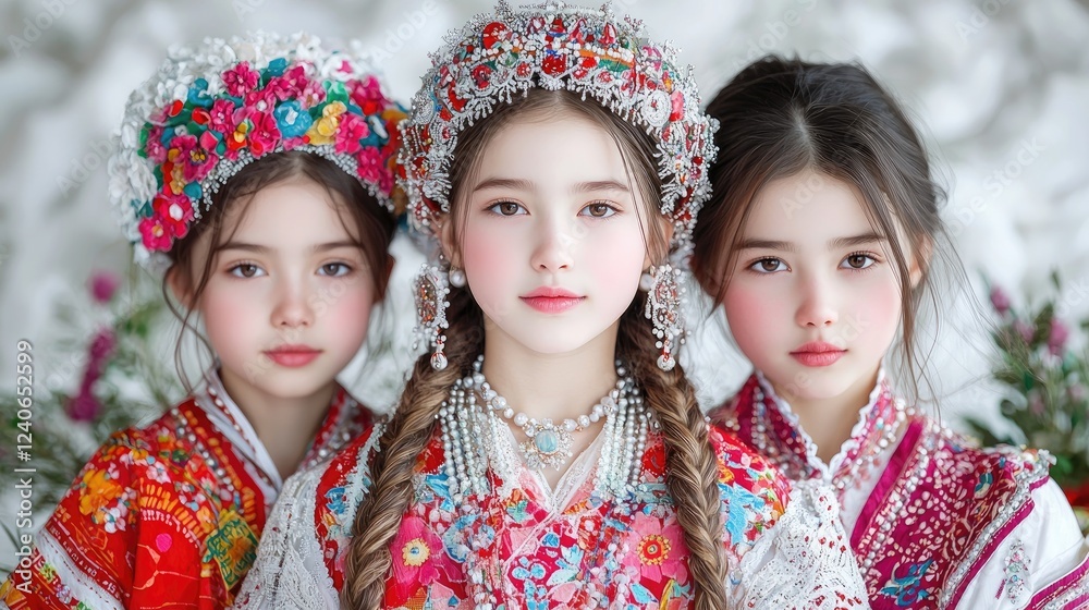 Three girls in traditional attire, posing, studio shot, floral ...