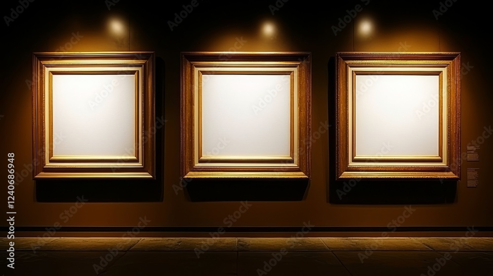 Antique golden art fair gallery frame on the wall at auction house or ...