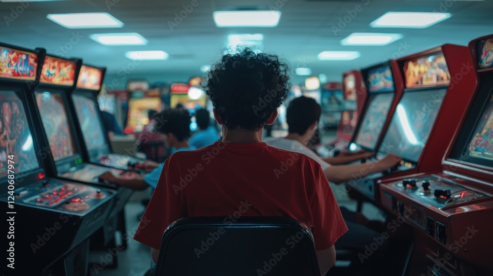 Intense gaming competition classic arcade retro video games neon lights ...