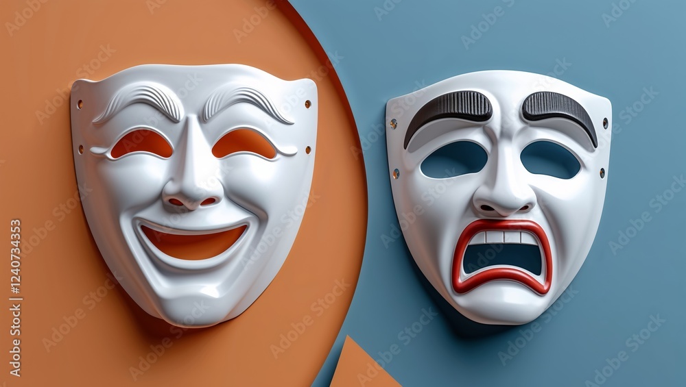 Comedy and tragedy masks on split orange and blue background ...