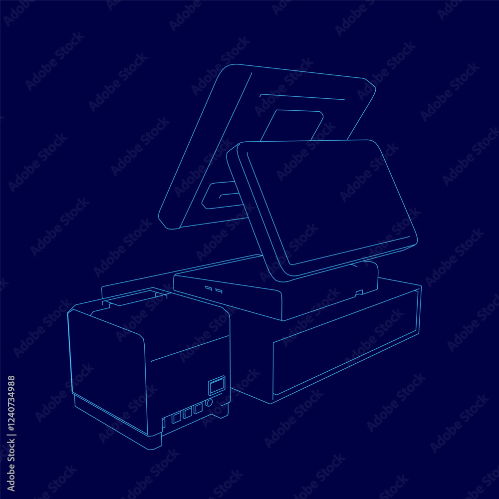 Cash register with monitor shown in a blue background. Cash register ...