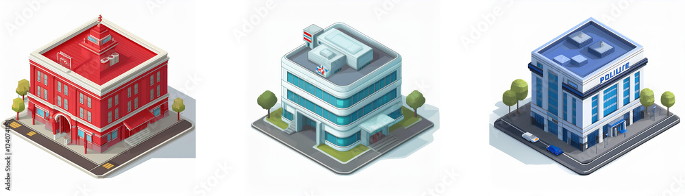 Isometric view showcasing three different building types: a red brick ...