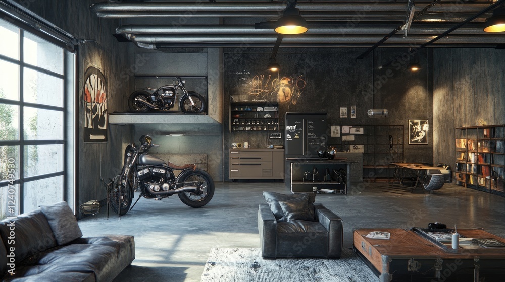 A dark, grungy concrete garage room with exposed industrial pipes ...