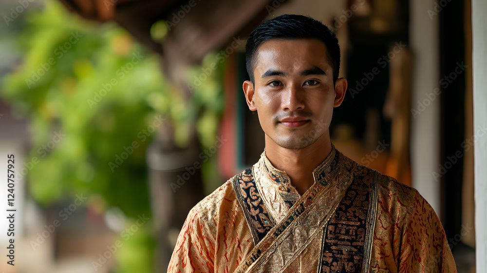 A man in a traditional Thai chong kraben, a garment that represents ...