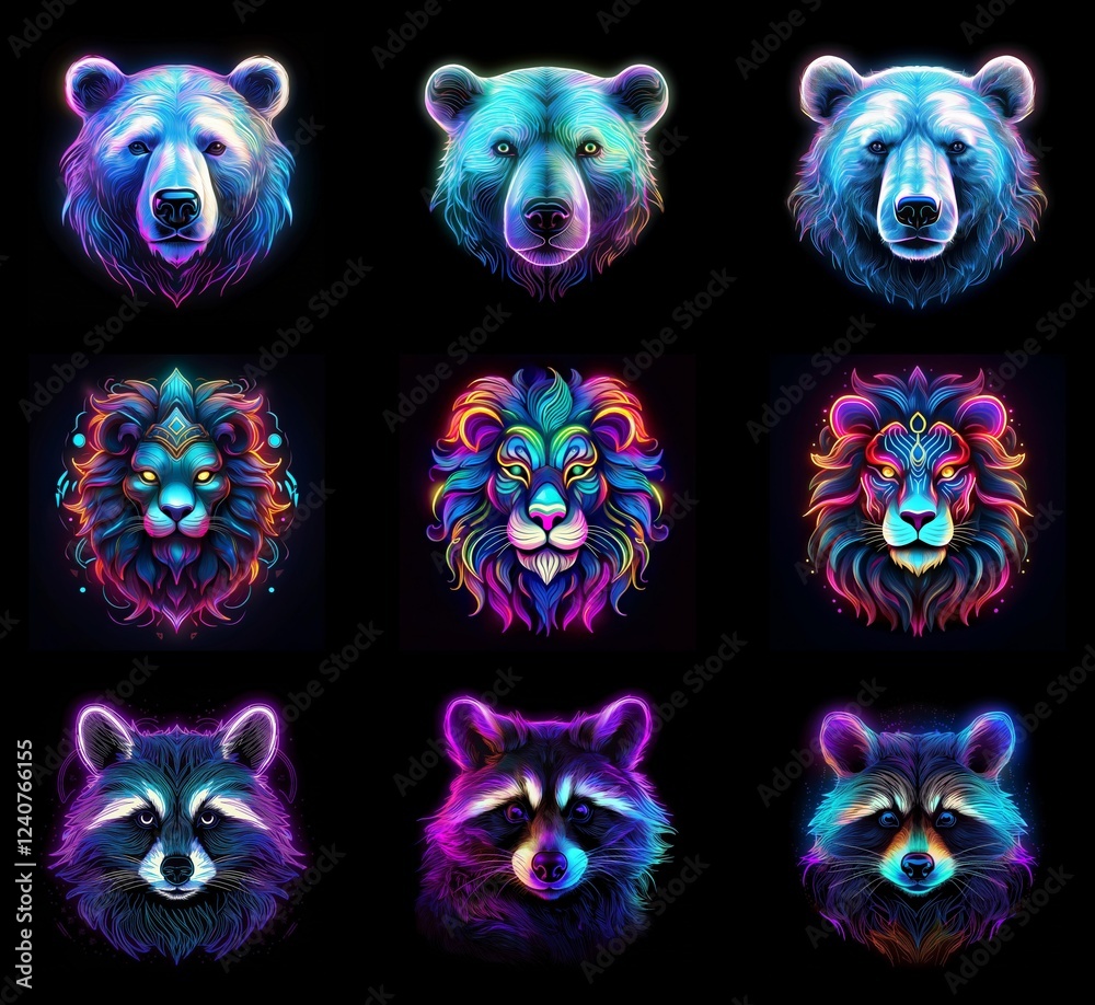 Nine vibrant animal portraits: bears, lions, and raccoons. Each ...