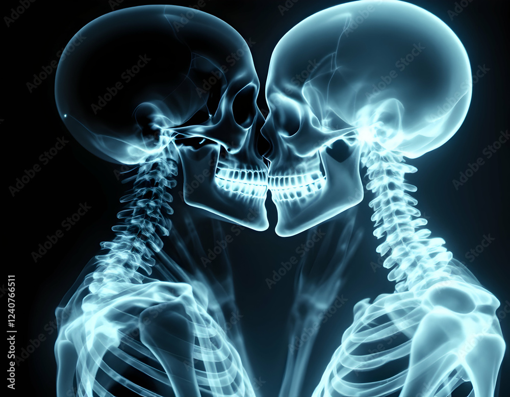 X-ray photograph of two skeletons embracing and kissing, captured in a ...