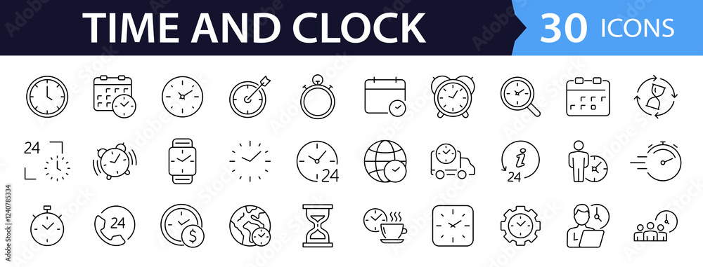 Time and Clock set of web icons in line style. Time management. Timer, Speed, Date, Countdown ...