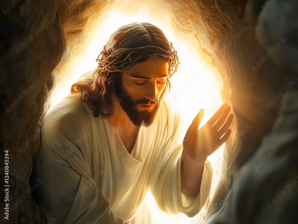 The Resurrection of Jesus Christ. A depiction of Jesus, bathed in ...