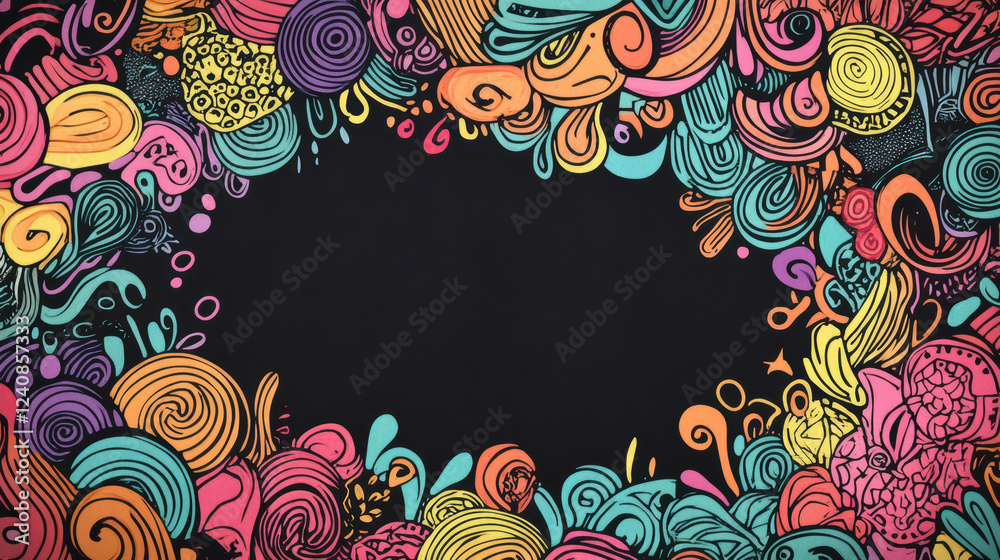 Whimsical doodle shapes in vibrant colors create playful border around ...