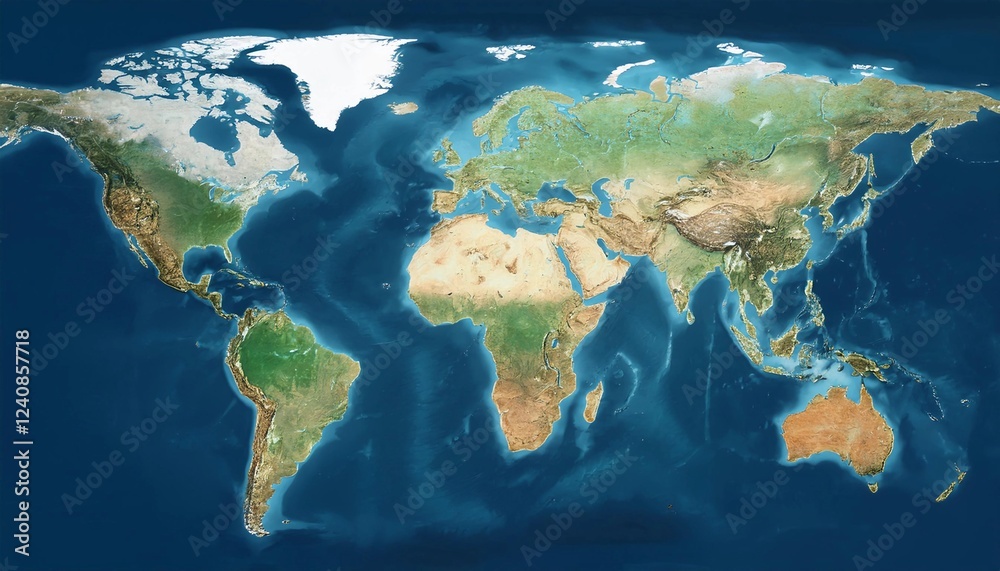 satellite-style map of the world. It depicts Earth's continents and oceans with realistic colors ...