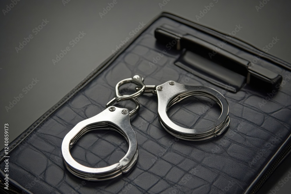 Corporate Crime Concept Featuring Handcuffs on a Briefcase with Moody Lighting and a Gray ...