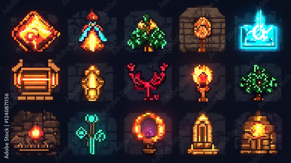 Pixel art game assets fire, nature Stock Illustration | Adobe Stock