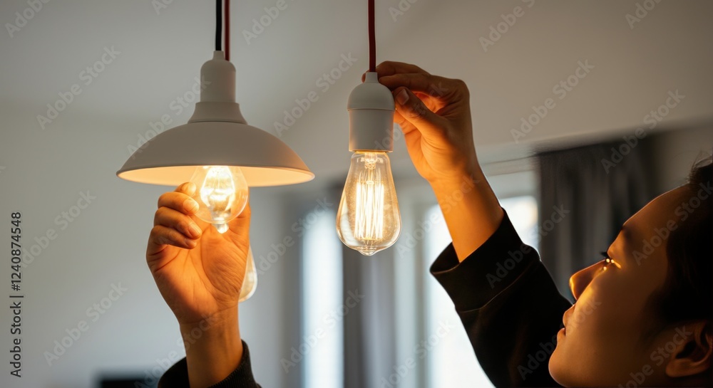 Woman changing light bulb in modern pendant lamp indoors. Sustainable ...