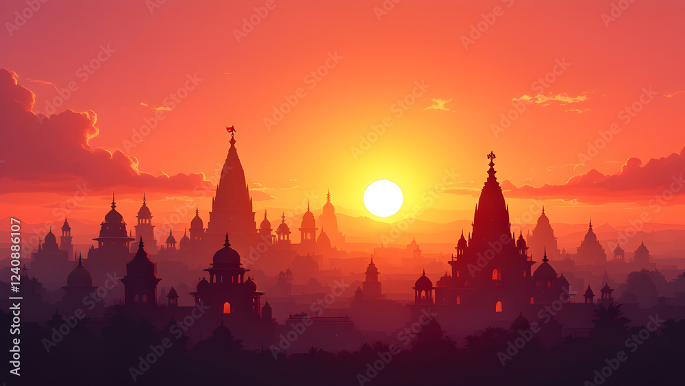 Silhouette of temples during sunset or sunrise orange and red sky ...