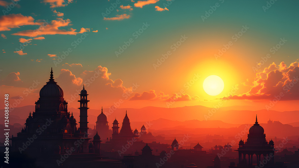 Silhouette of temples during sunset or sunrise orange and red sky ...