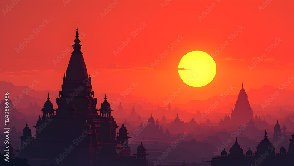 Silhouette of temples during sunset or sunrise orange and red sky ...