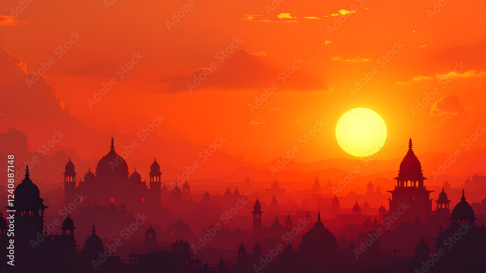 Silhouette of temples during sunset or sunrise orange and red sky ...