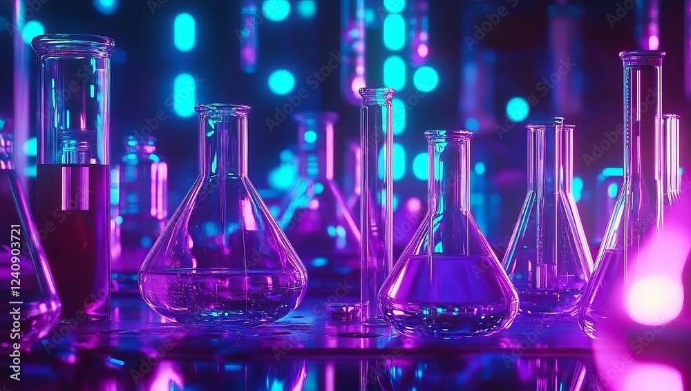 Chemical science laboratory test tubes, beakers, and molecular ...