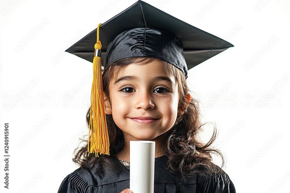 Adorable Child Graduate in Cap and Gown Holding Diploma, Preschool ...