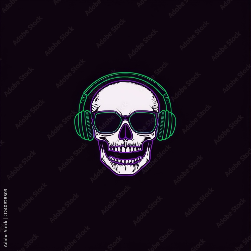 Skull Wearing Headphones with Dark Glasses on a Solid Background Design ...