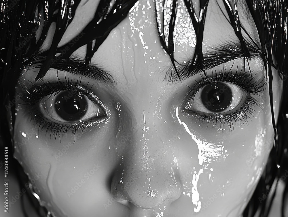 Woman with long black hair and wet face in deep contrast realistic ...
