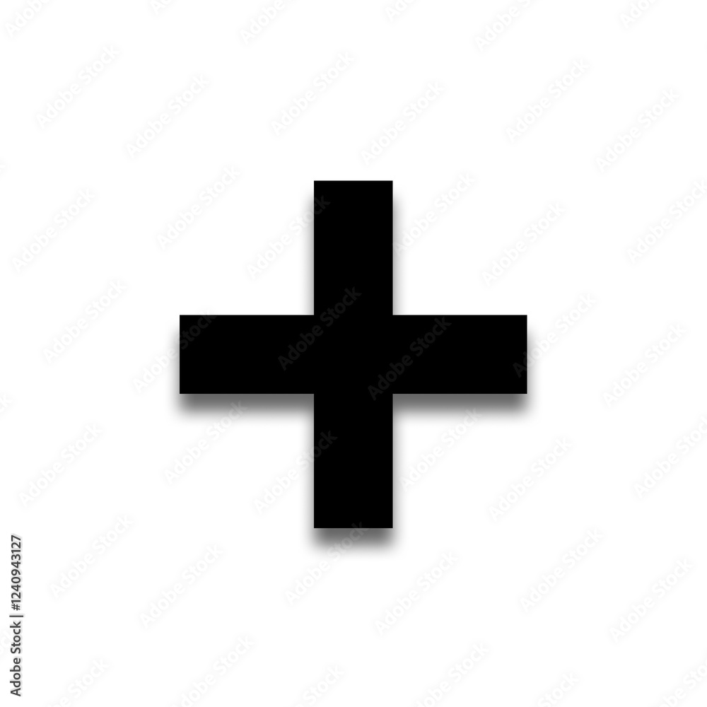 Black color + plus sign with a soft shadow down on transparent ...
