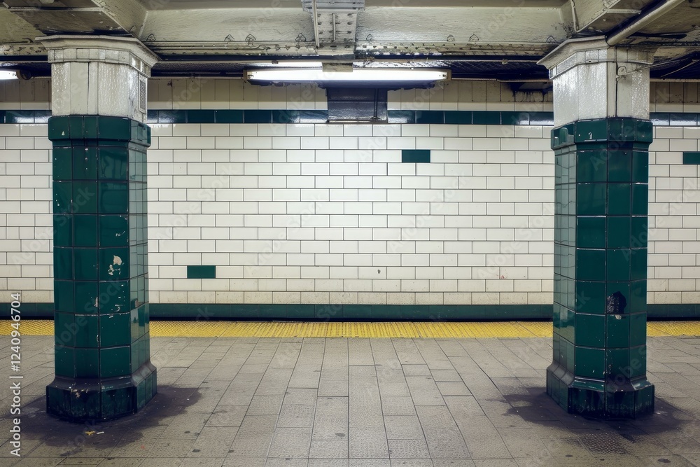 Empty subway platform featuring green tiled columns, white wall tiles ...