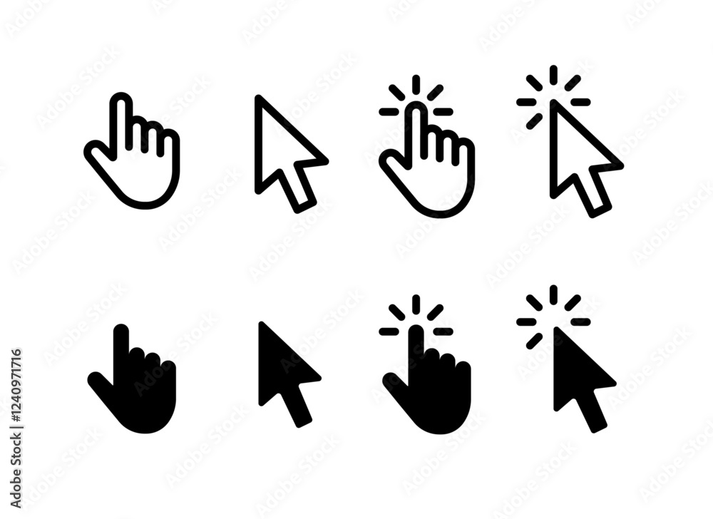 Computer mouse click cursor icon set. Hand and arrow pointer cursor Stock Vector | Adobe Stock