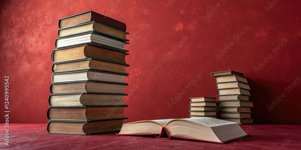Stacked books on a red background with a few falling off the edge ...