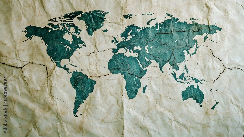 World Map on Antique Paper: A vintage-style world map, printed in teal ...