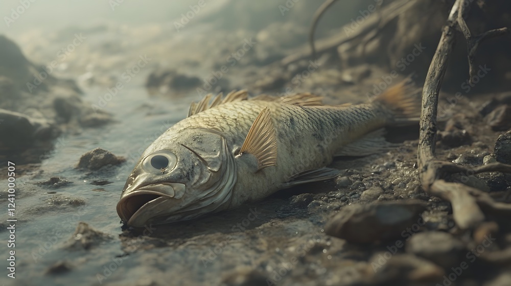 Dead Fish on Riverbank: A stark image of a lifeless fish lying on the ...