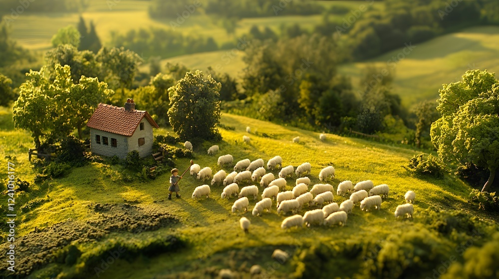 Birds Eye View. A pretend sheep farm setup with toy sheep and a child ...