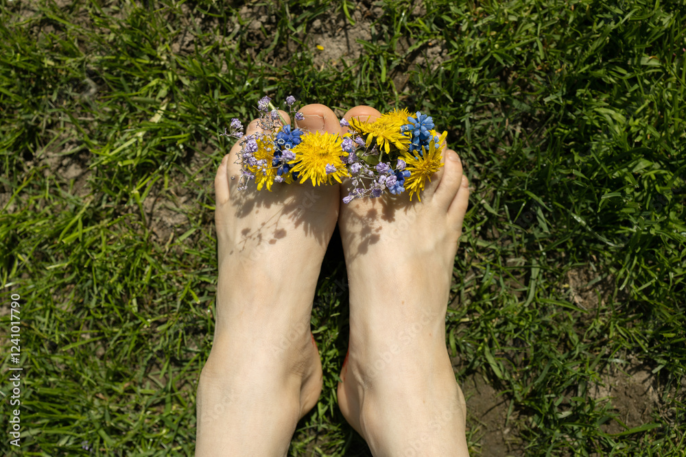 child's bare feet lie on the grass. a small wreath of spring flowers ...