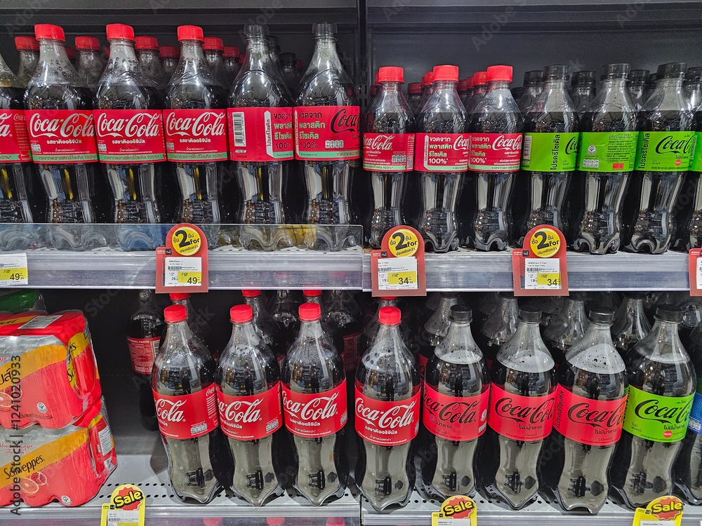 Rows of Coca Cola Soft Drink Bottles Original Classic and Diet ...
