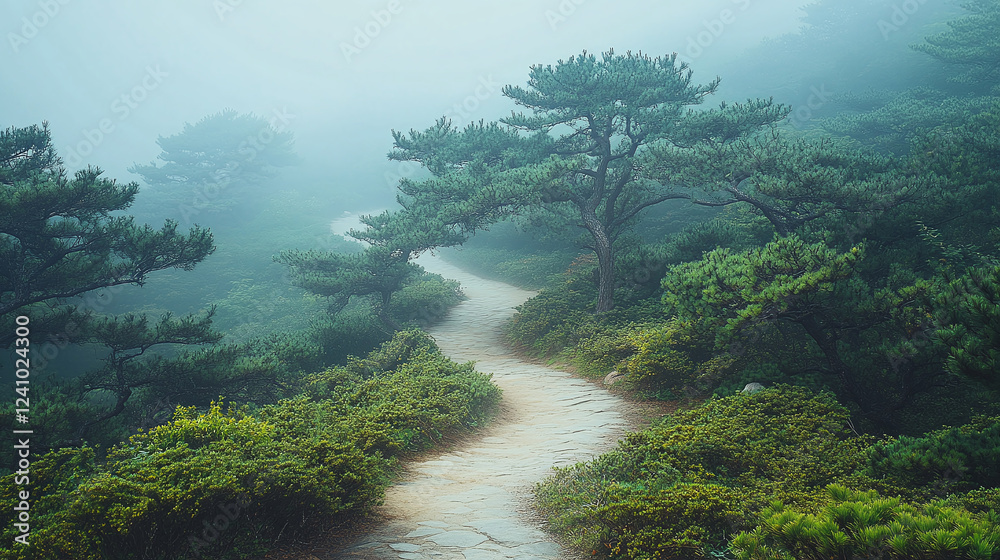 Serene Mountain Trekking Pathway in Misty Korean Pines Eco-Conscious ...