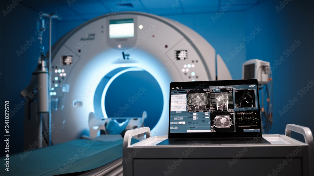 A screen displaying CT or MRI scan images against the backdrop of ...
