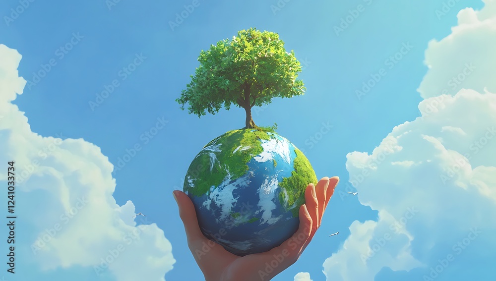 Hand holding a green planet with a tree growing on it, an ecology ...