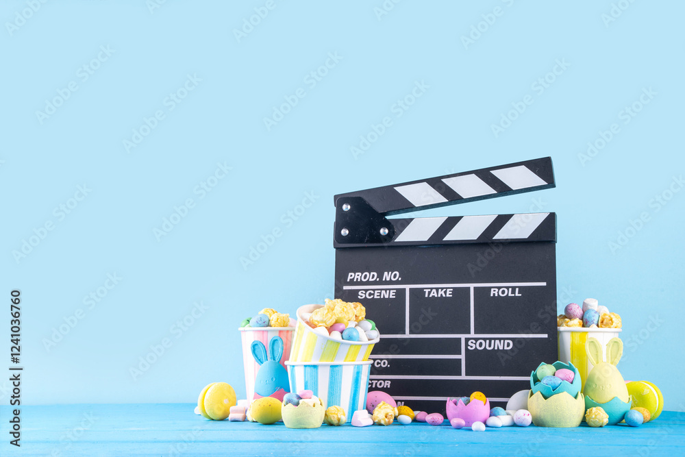 Easter film and movie background. Cinema clapper-board with Easter ...