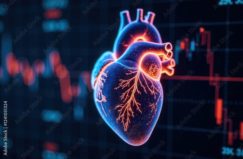 Human heart anatomy connecting on a blue background. Futuristic glowing ...