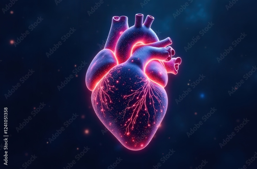 Human heart anatomy connecting on a blue background. Futuristic glowing ...