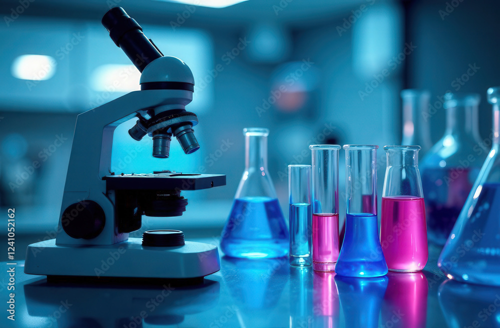 Science laboratory chemistry test science lab with microscope, glass ...