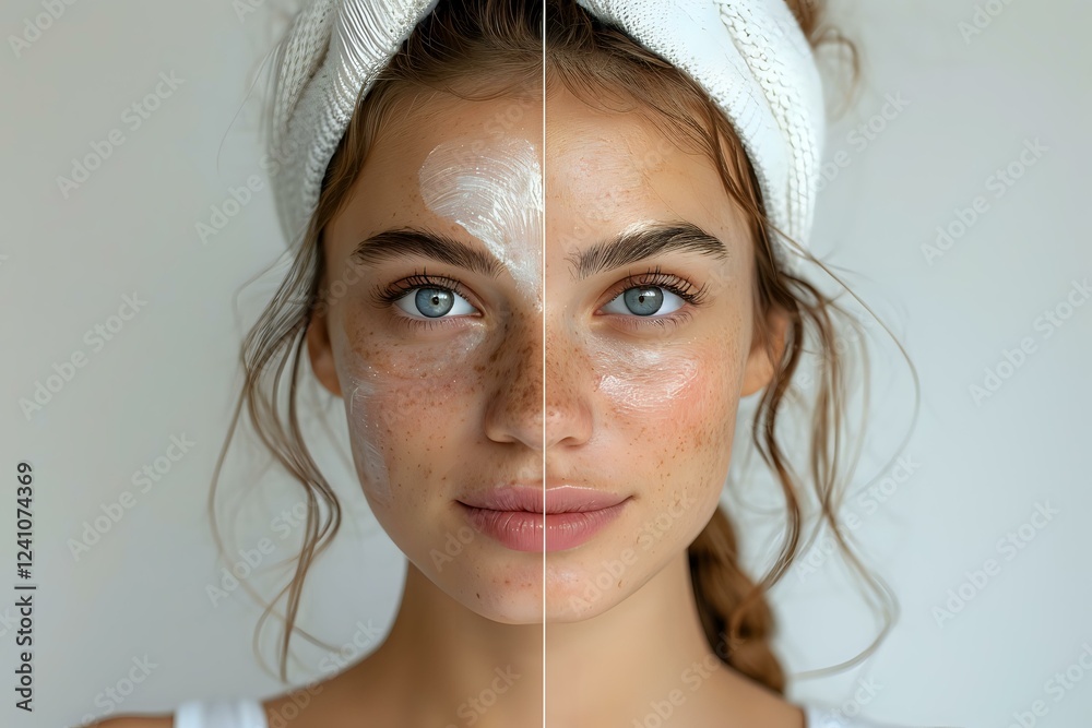 Young Caucasian woman with natural freckles wearing white headband ...