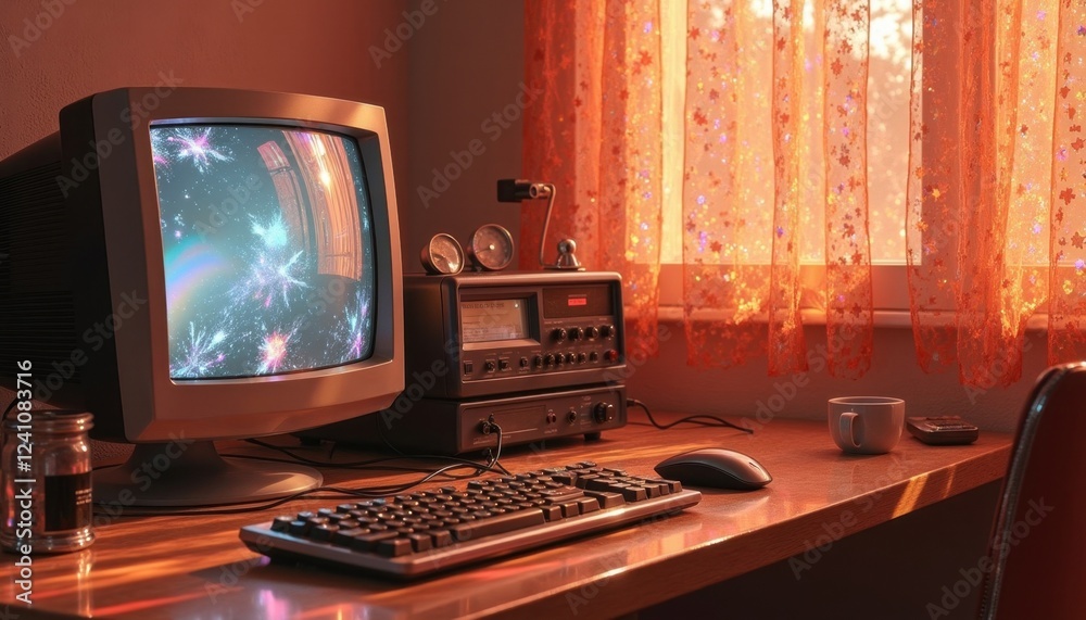 Retro computer scene with old CRT monitor, sunset view through the ...
