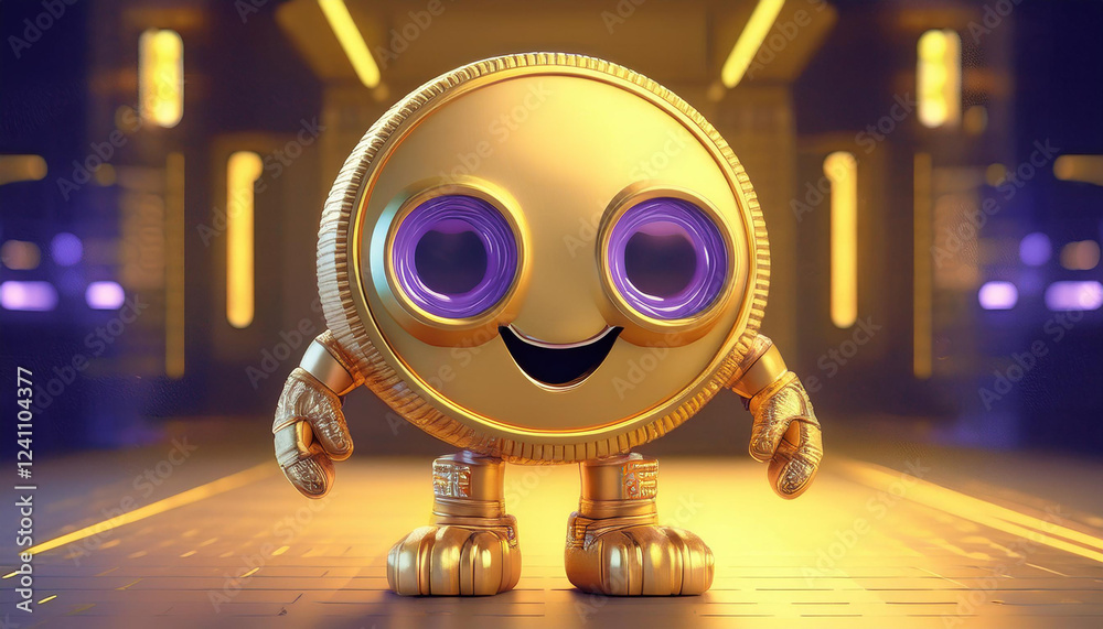 Fantastic Cute golden coin robot 3D rendering illustration Cartoon ...