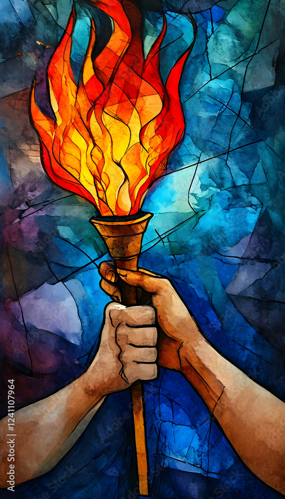 Two hands holding a torch, symbolizing the passing of the Olympic flame ...