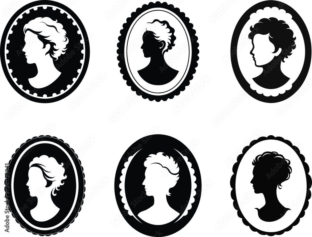 Set of vector cameo black silhouette of a beautiful woman's head in a ...