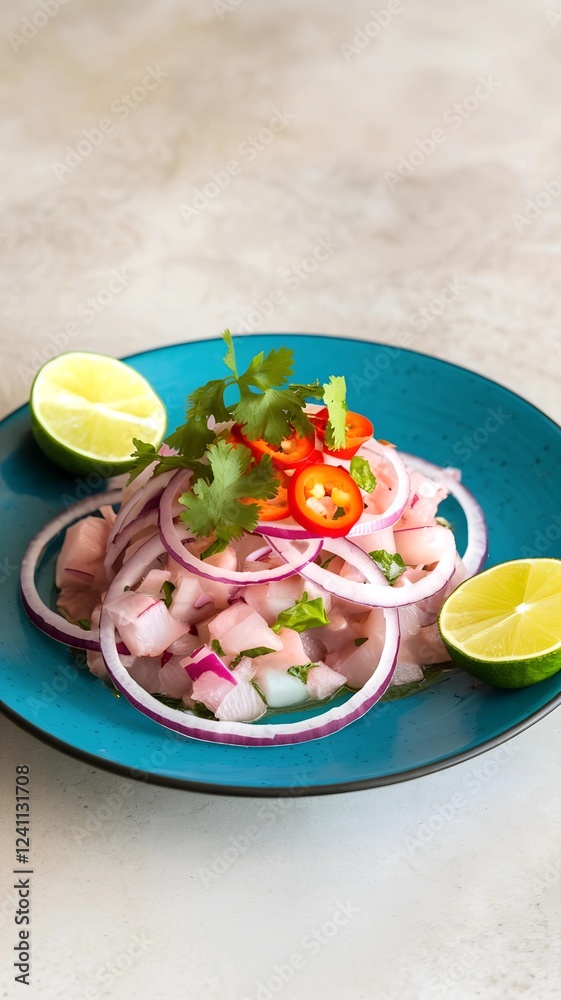 Vibrant serving of fresh fish ceviche garnished with red onion ...