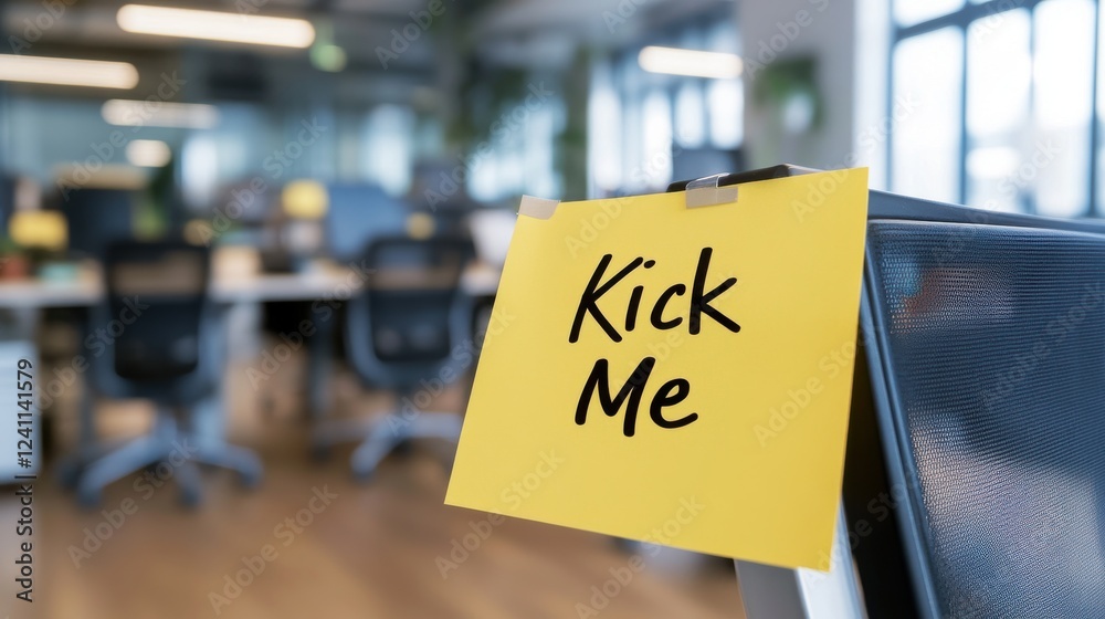 office pranks, a bright yellow sticky note on a chair with kick me ...